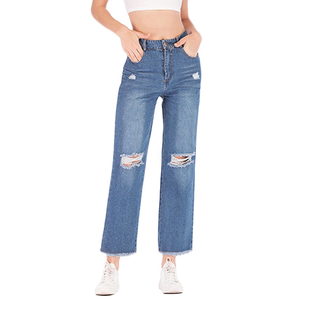 SAGACE Women Jeans Pants Ladies Straight Hole Deni... – Grandado
