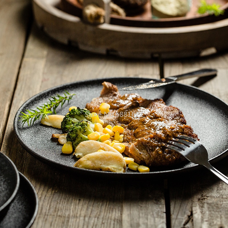 RHE European Steak Western Plate Black Pizza round... – Vicedeal