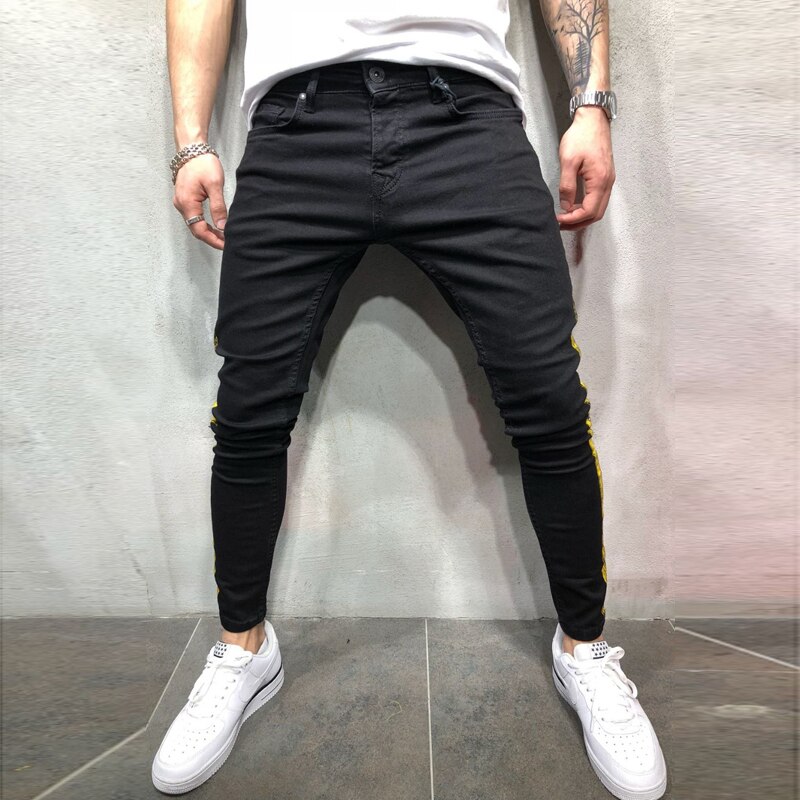 Skinny Jeans Mannen Ripped Black Side Streep Jeans... – Vicedeal