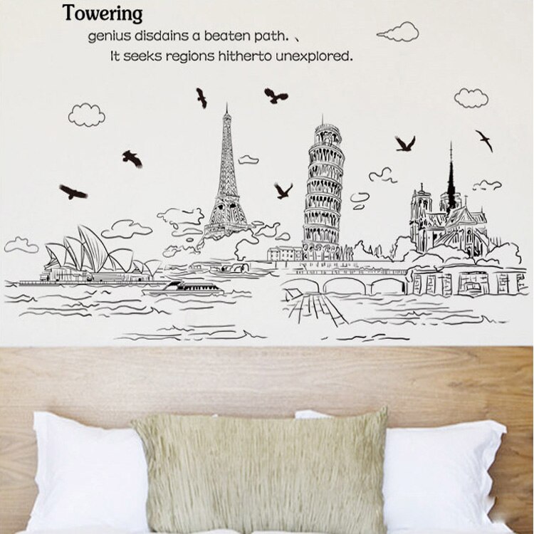 Paris Famous Buildings Tower wall sticker City Vie... – Grandado