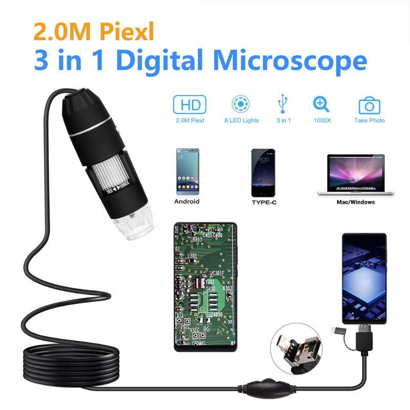 3 in 1 USB Type-C Micro-USB Microscope 2MP 1080p 1... – Grandado