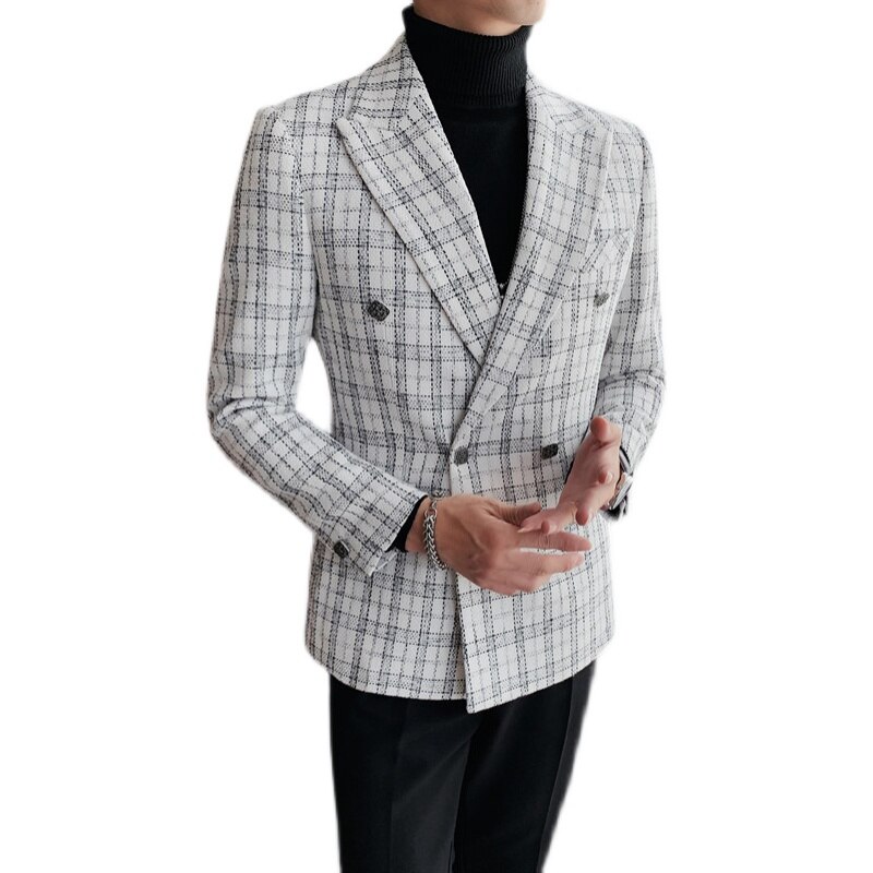 British Style Mens Blazer Suit Jacket Plaid Casual... – Grandado
