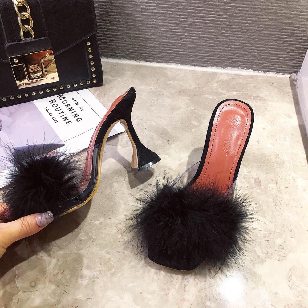 Rose Red PVC Transparent Mules Heels Sandals Furry... – Vicedeal