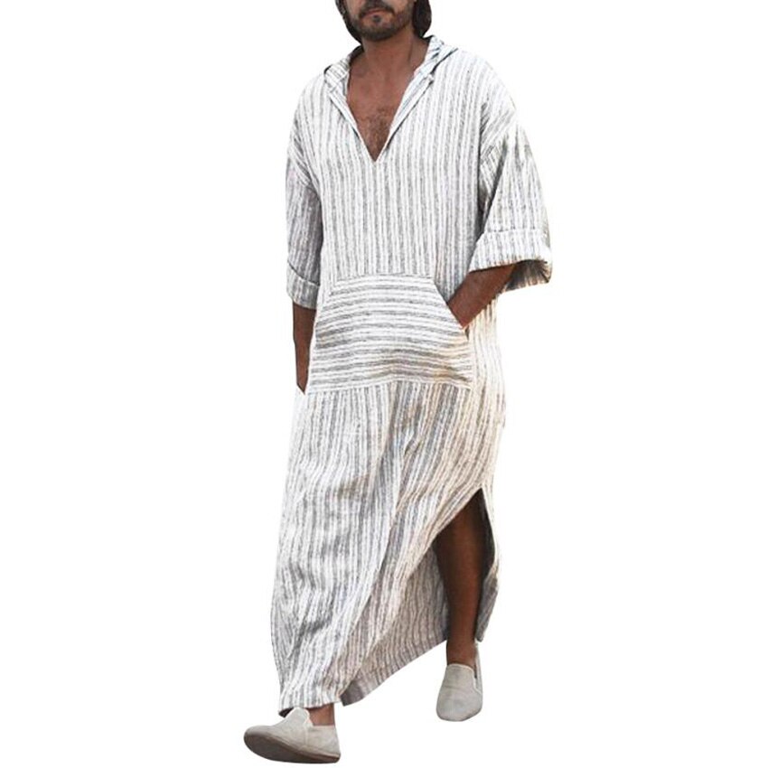 Saudi Arabia Men Muslim Jubba Thobe Hooded Striped... – Vicedeal