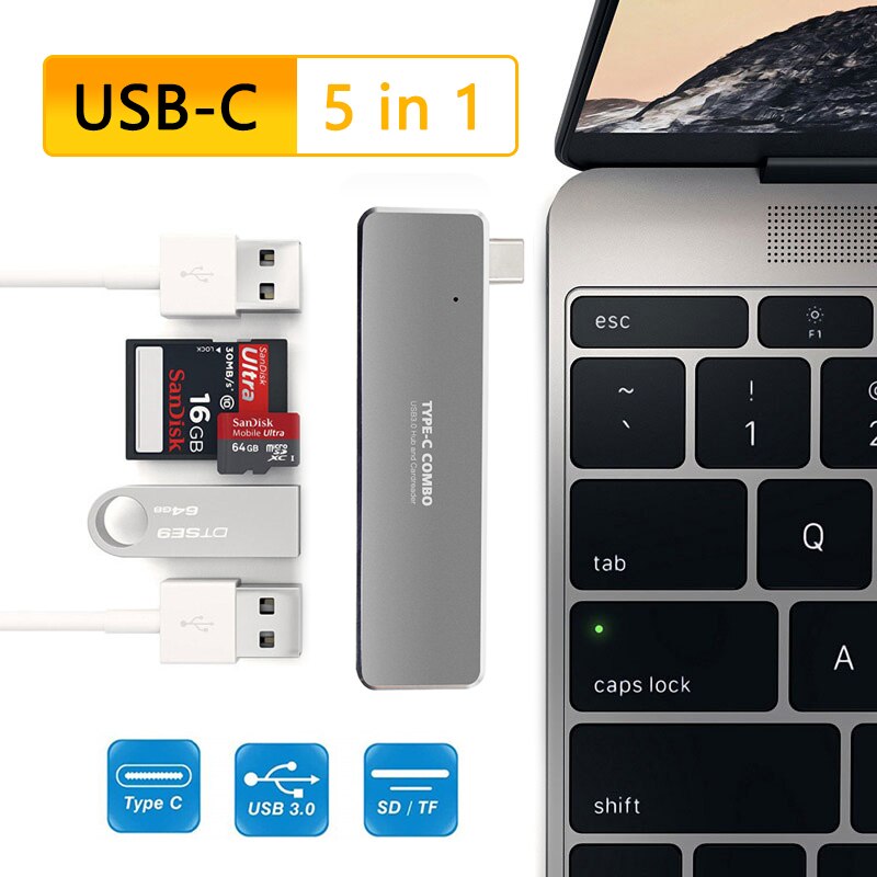 USBC Hub 5 in 1 tip C 3 port USB3.0 TF USB kart ok... – Grandado