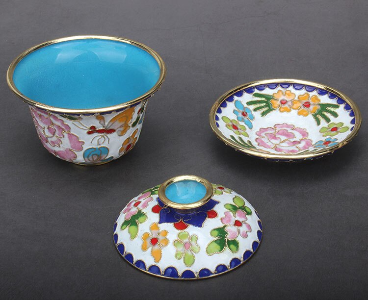 Beijing cloisonne blauwe kom drie stuk thee kom th... – Grandado