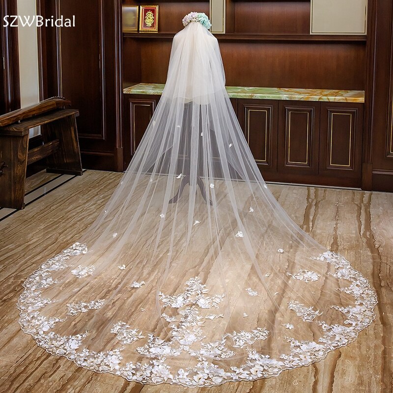 Two layer Long Wedding Veils Lace Appliques Velo d... – Grandado