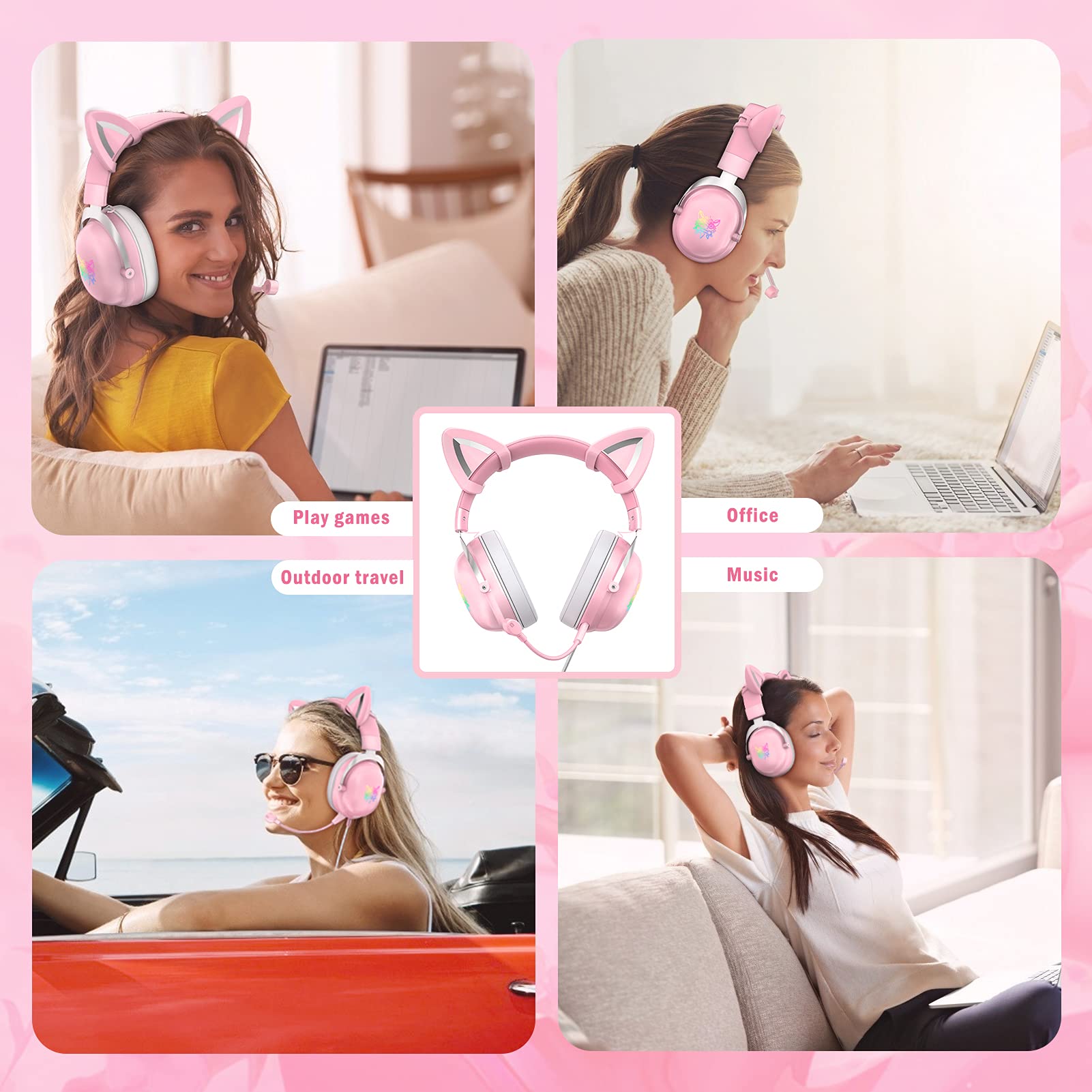 （Original Box）Onikuma X11 Pink Cute Cat Ear Headph... – Grandado