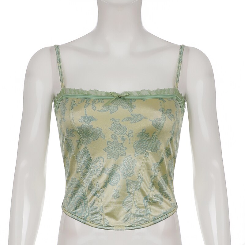 Y2k Floral Green Tank Tops Women Frill Bow Patched... – Grandado