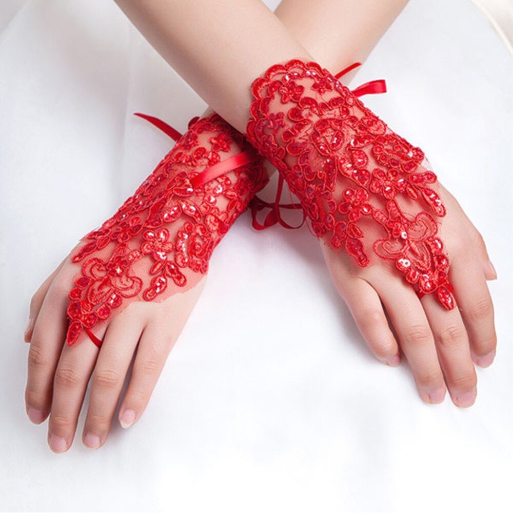White Ivory Red Short Wedding Gloves Wrist Length ... – Vicedeal