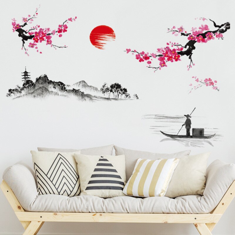 Plum Sunrise landscape Chinese style art Wall Stic... – Grandado