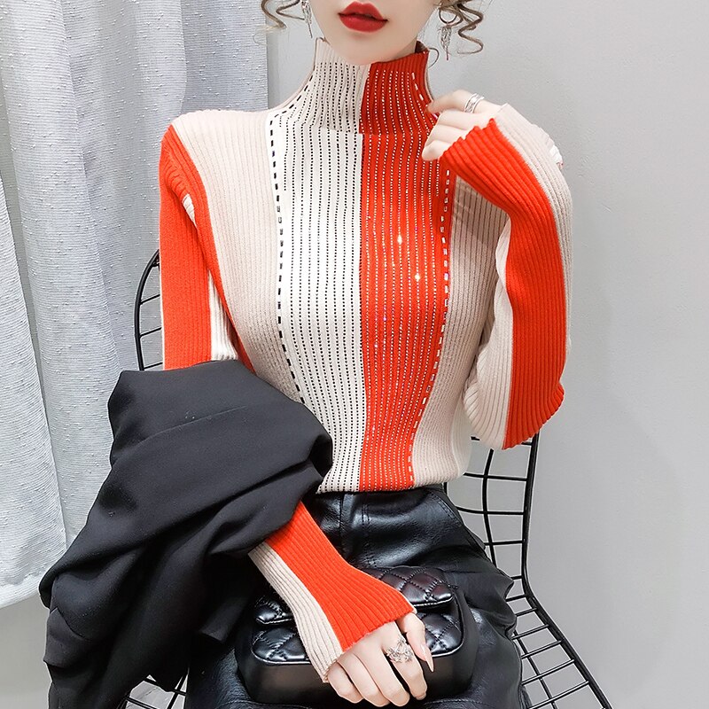 Diamonds Sweater Turtleneck Winter Slim Splicing B... – Vicedeal