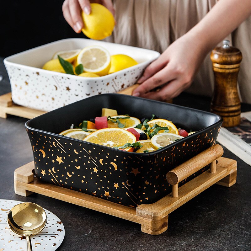Nordic square fruit salad bowl wooden frame cerami... – Vicedeal