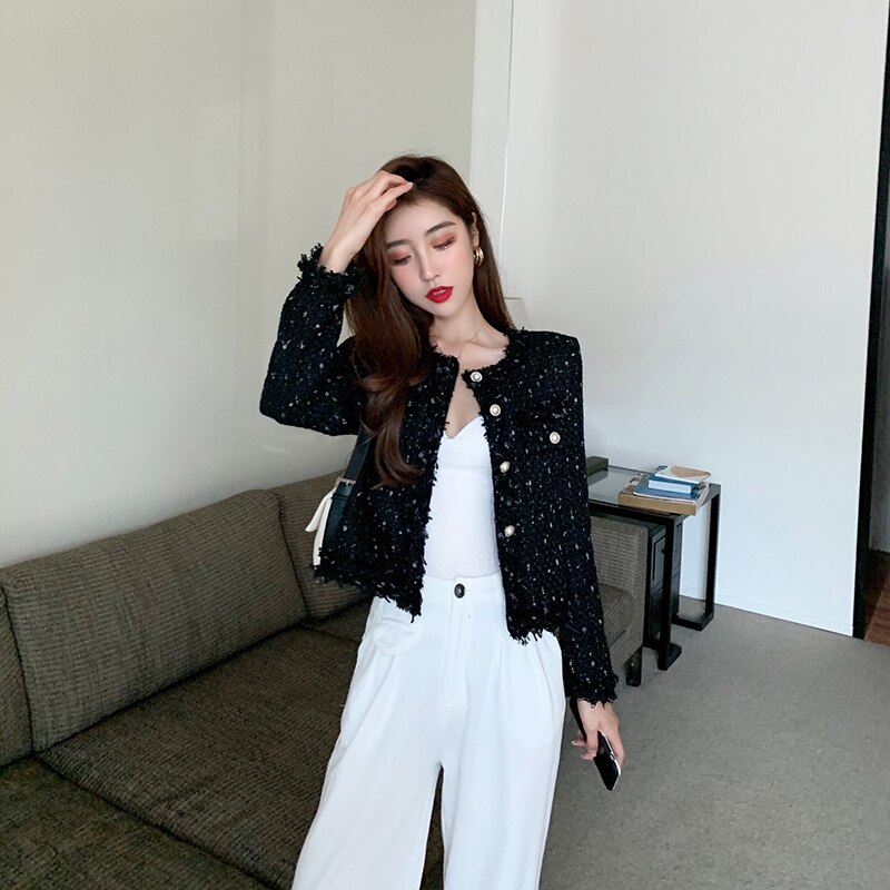 Short Tweed Coat Women O-neck Single-breasted Tass... – Vicedeal Short Tweed Coat Women O-neck Single-breasted Tass... – Vicedeal