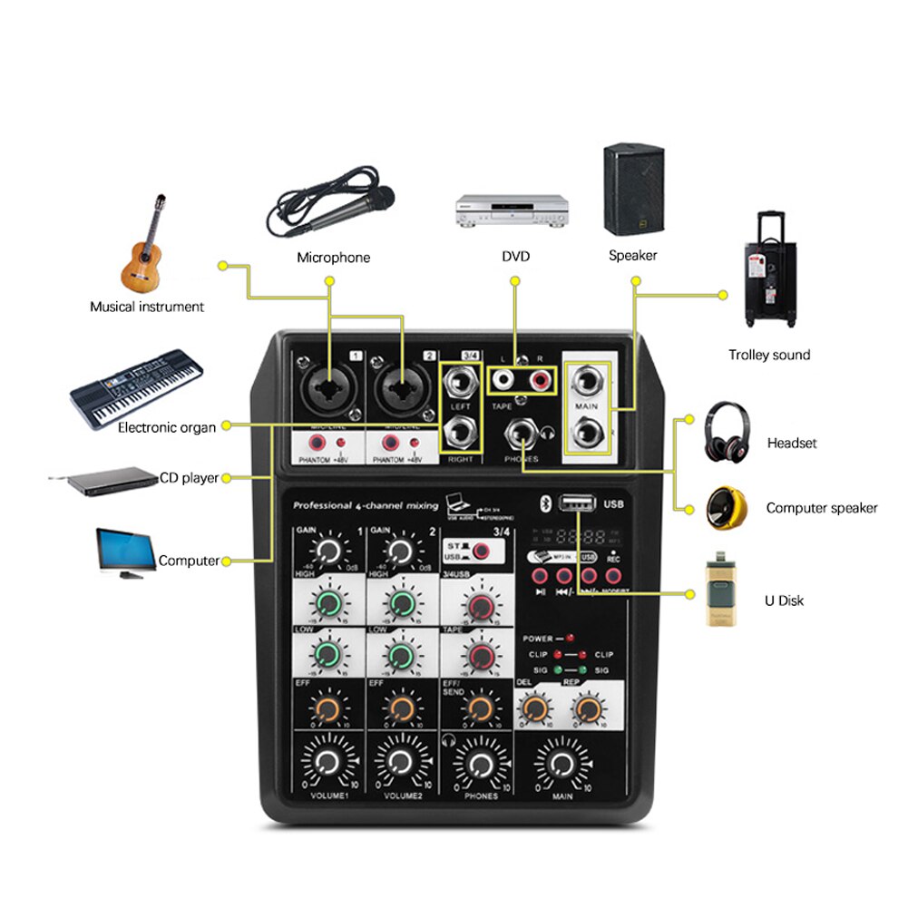 4-Channel Small BT Mixer With Reverb Effect Home K... – Grandado