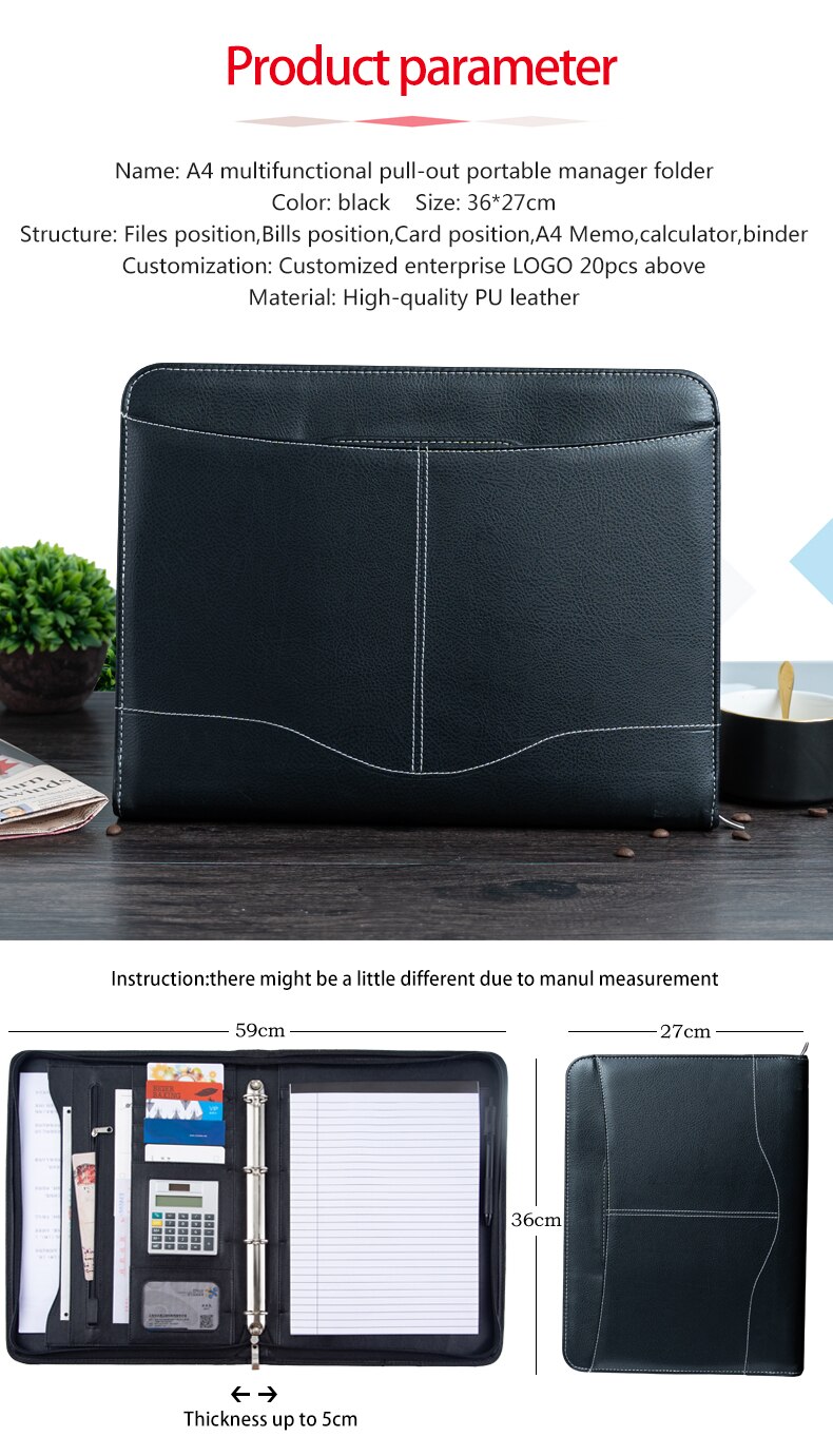Retractable Handle Black Leather Zippered Binder P... – Vicedeal