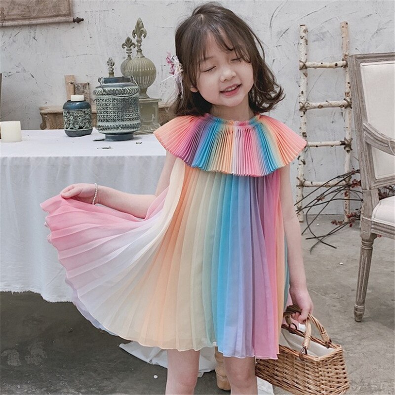 Summer Girls Pleated Dress Kids Rainbow Dresses Gi... – Grandado
