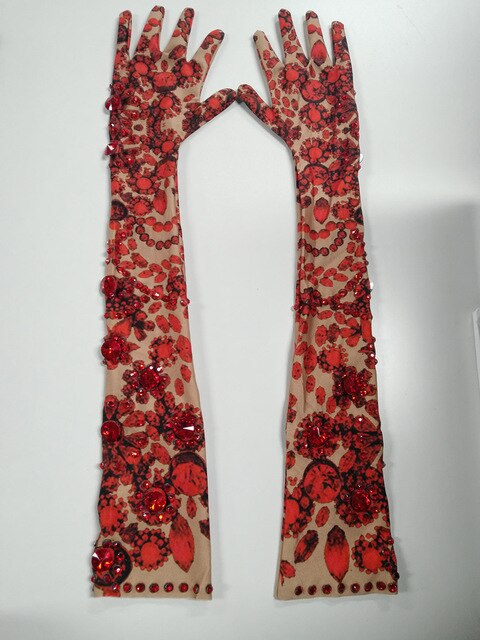 Red Floral Rhinestone Long Gloves Women Stretch Sp... – Grandado