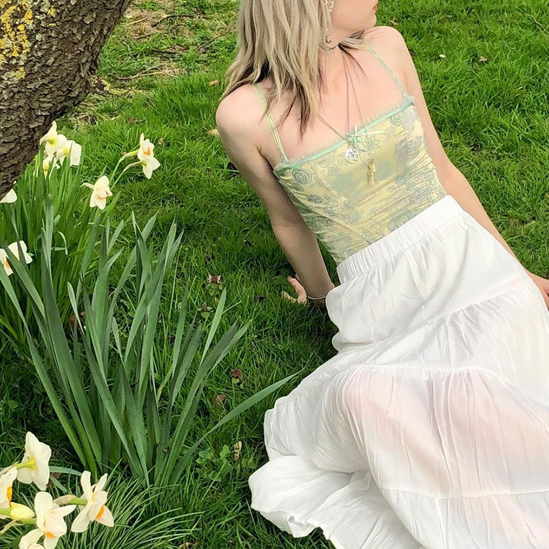 Y2k Floral Green Tank Tops Women Frill Bow Patched... – Grandado