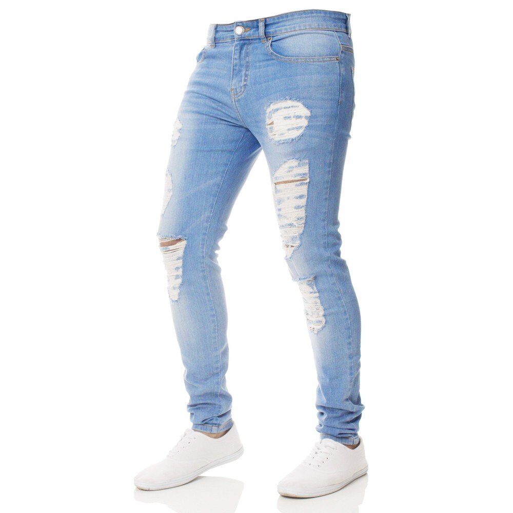 Long Pencil Pants Ripped Jeans Men Slim Biker Zipp... – Grandado