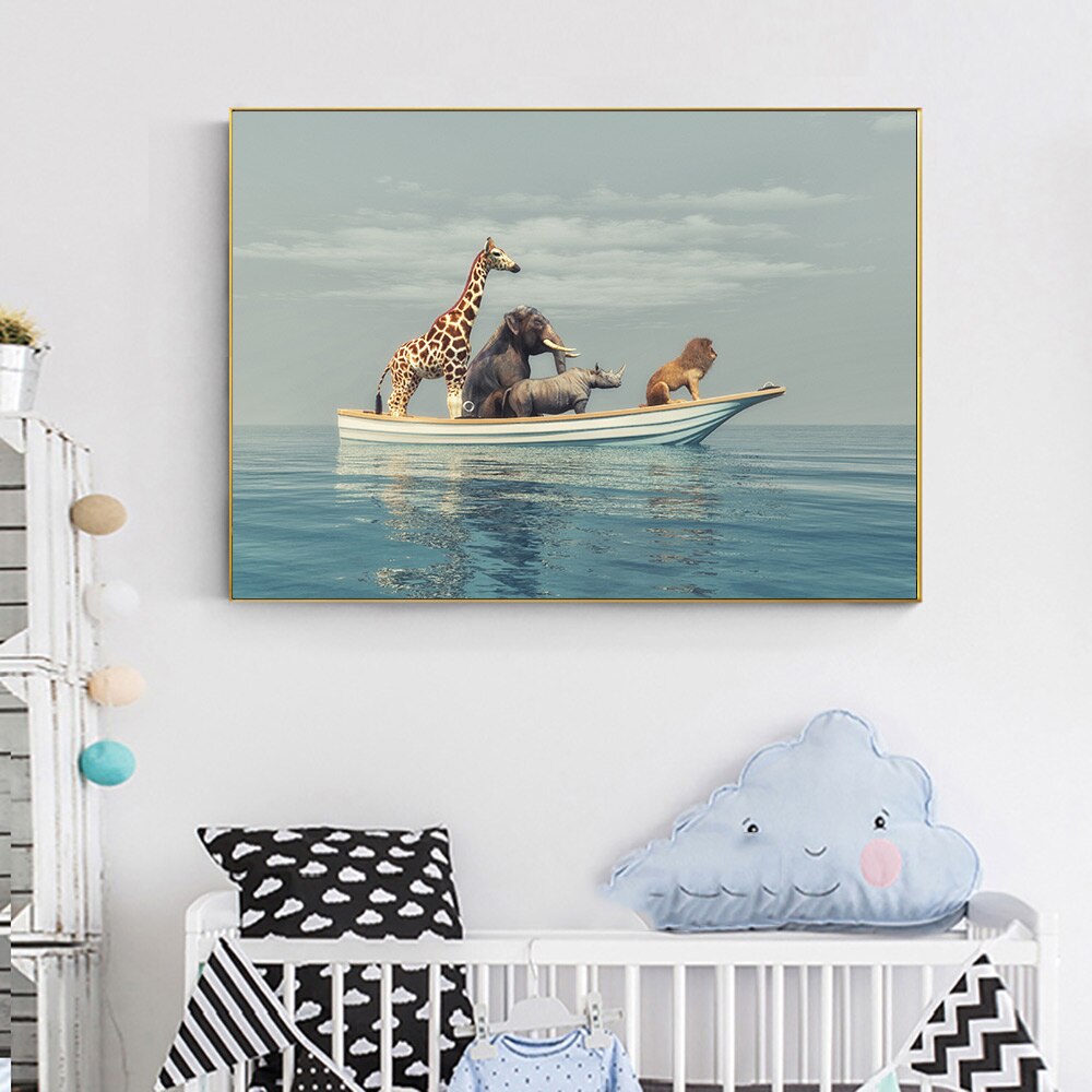 Lion Giraffe Elephant Poster Cartoon Canvas Painti... – Grandado