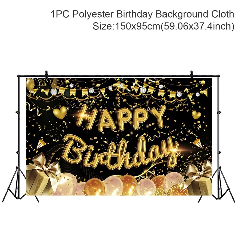 Happy Birthday Backdrop Banner Black Gold Balloon ... – Grandado