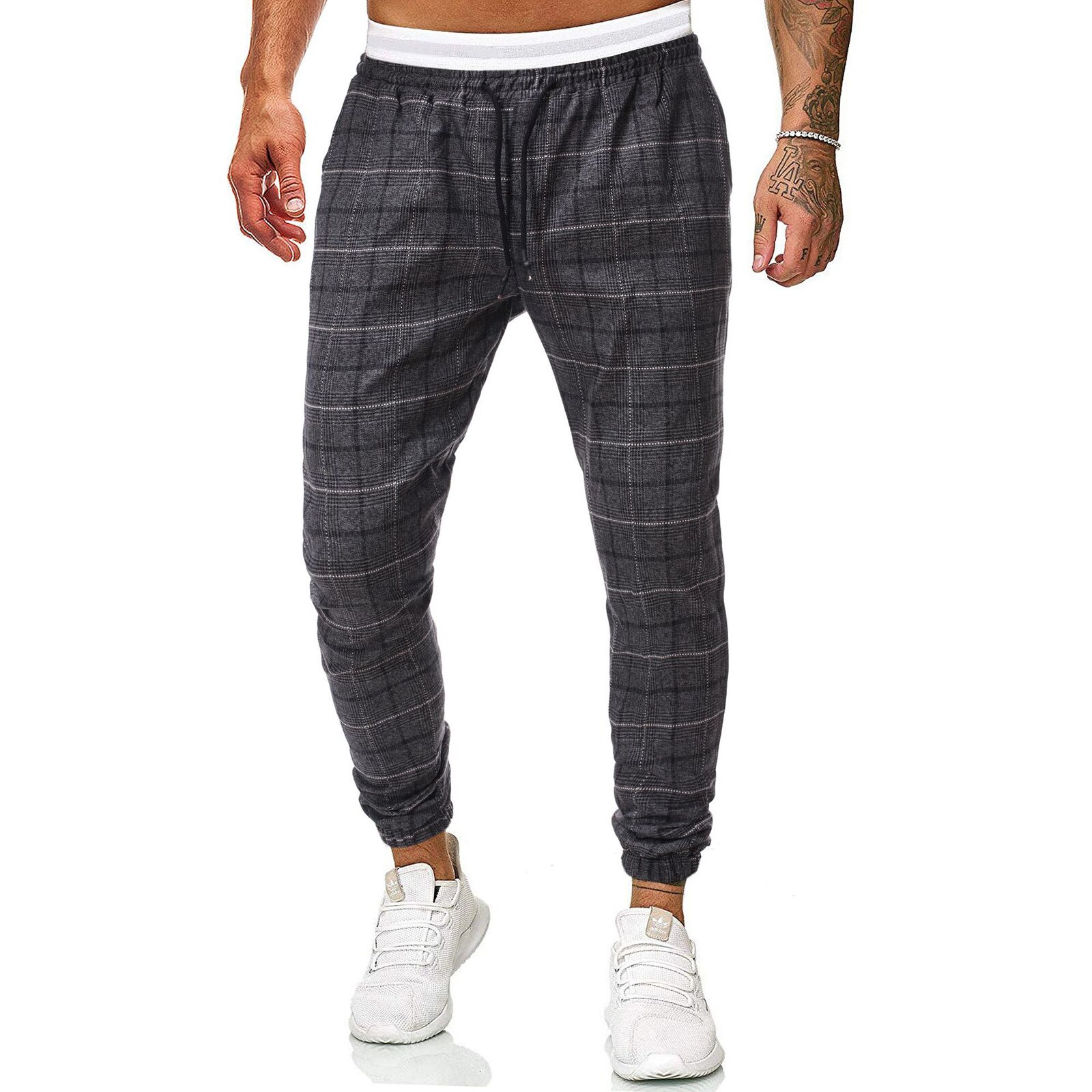 Plaid Print Pants Men Elastic Male Skinny Trousers... – Grandado