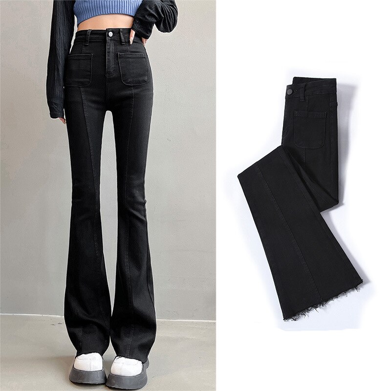 Blue Bell Bottom Jeans Women Personality Pocket Pa... – Grandado