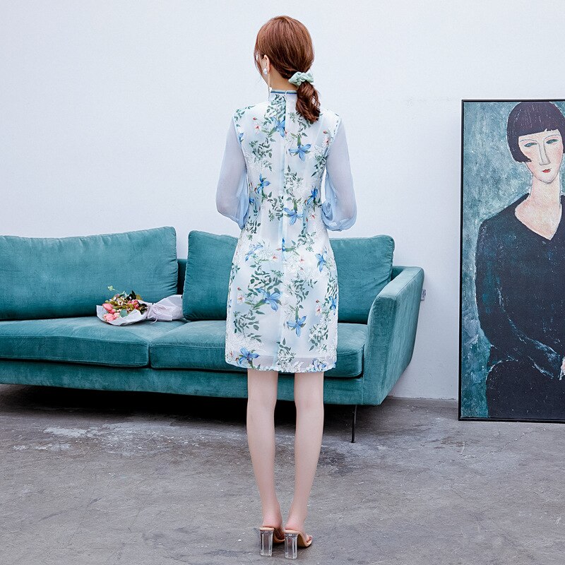 Chinese Three-Quarter Sleeve Light Blue Qipao Cheo... – Grandado