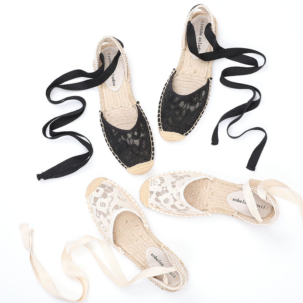Lace T-strap Flat With Cotton Fabric Sandals Sapat... – Grandado