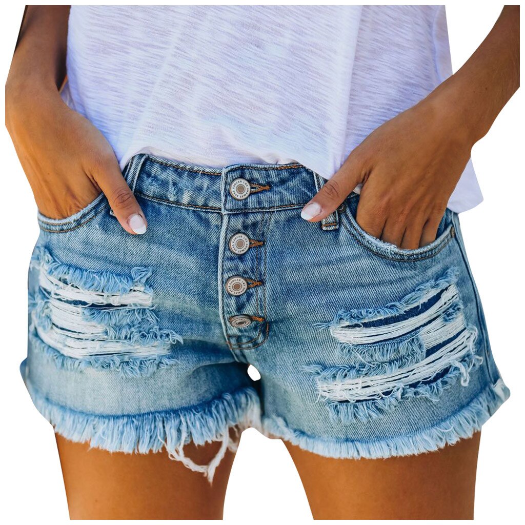 été femmes Denim Shorts trou taille haute bouton d... – Grandado