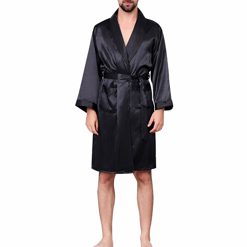 Men Black Lounge Sleepwear Faux Silk Nightwear For... – Grandado