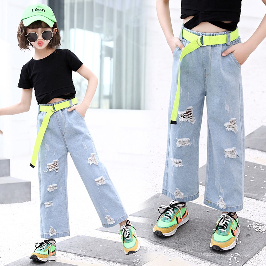 Jeans For Girls Belt Jeans Girls Hole Kids Jeans S... – Vicedeal