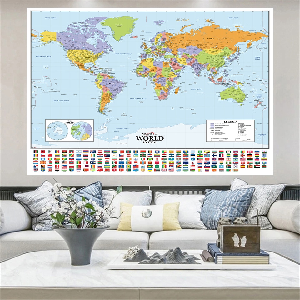 150x225cm The World Political Map with National Fl... – Grandado