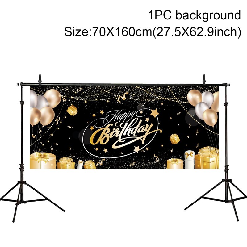 Happy Birthday Backdrop Banner Large Black Gold Ba... – Grandado