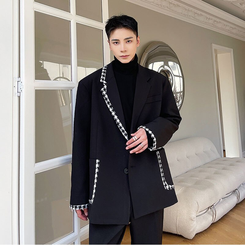 Blazer Voor Mannen Plaid Splice Zwarte Losse Casua... – Grandado