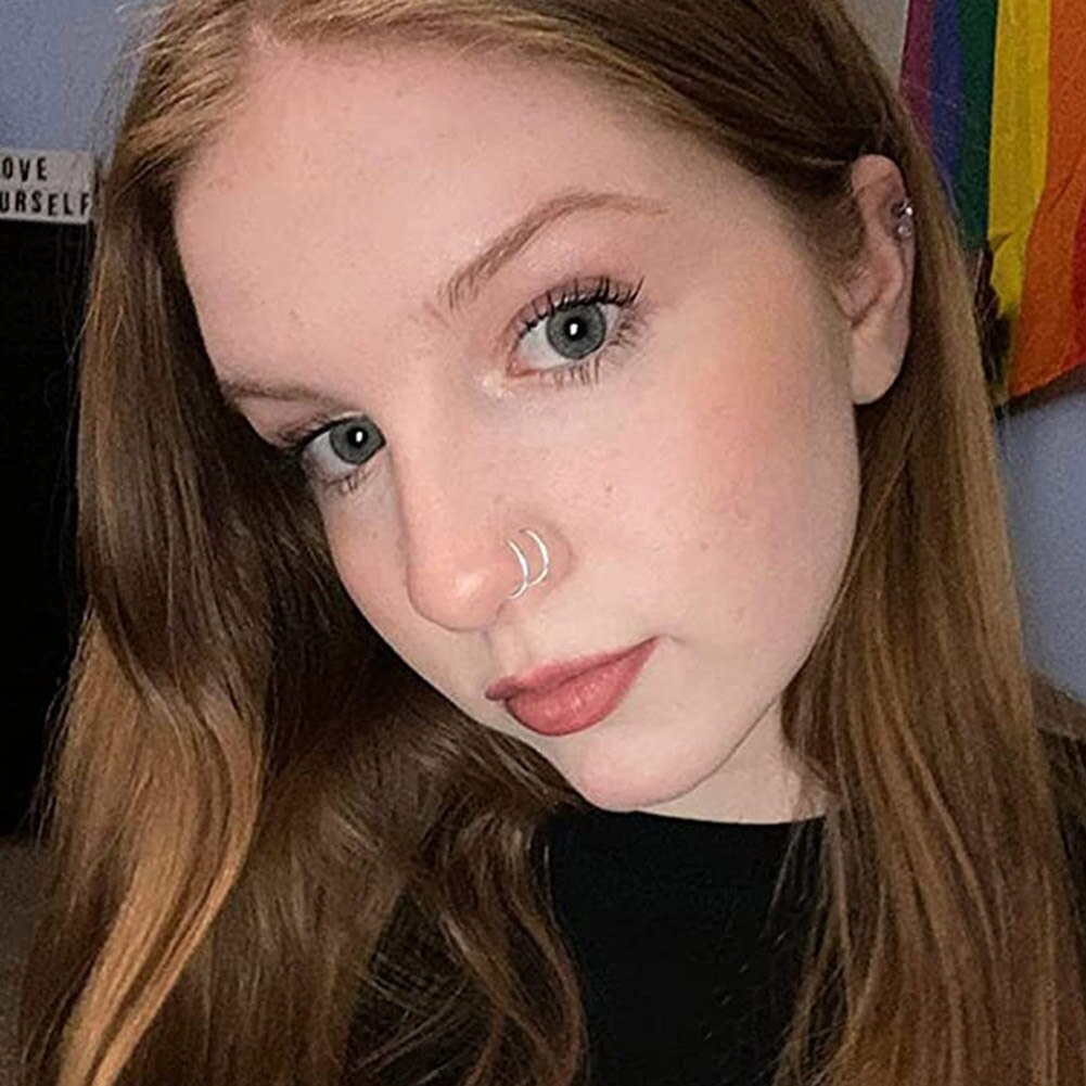 1 Pair Stainless Steel Double Nose Hoop Ring Silve... – Grandado