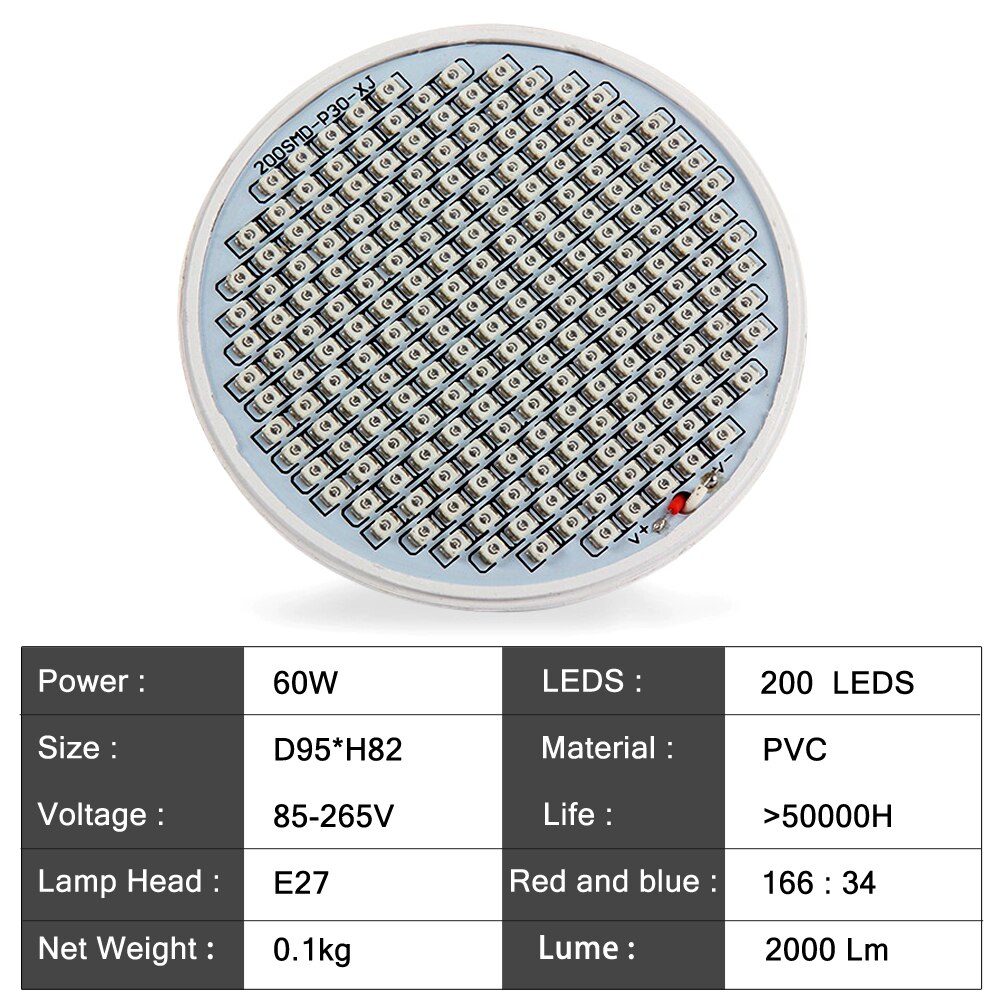 60W LED Grow Light Full Spectrum 200Led 85-265V Ve... – Grandado