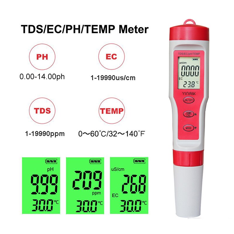 Digital 4 in 1 TDS/EC/PH/TEMP Meter Tester Pen Con... – Grandado