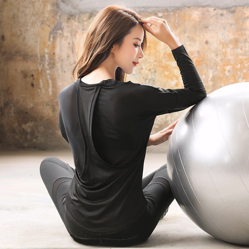 Black White Mesh Long Sleeve Women Yoga Top Sports... – Grandado