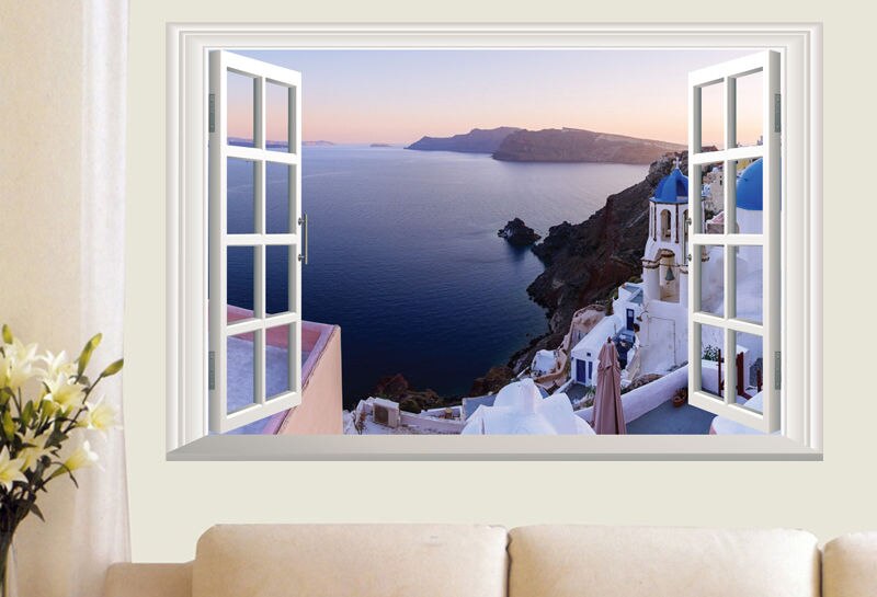 3D Window View Santorini Bay Church Art Wall Stick... – Grandado