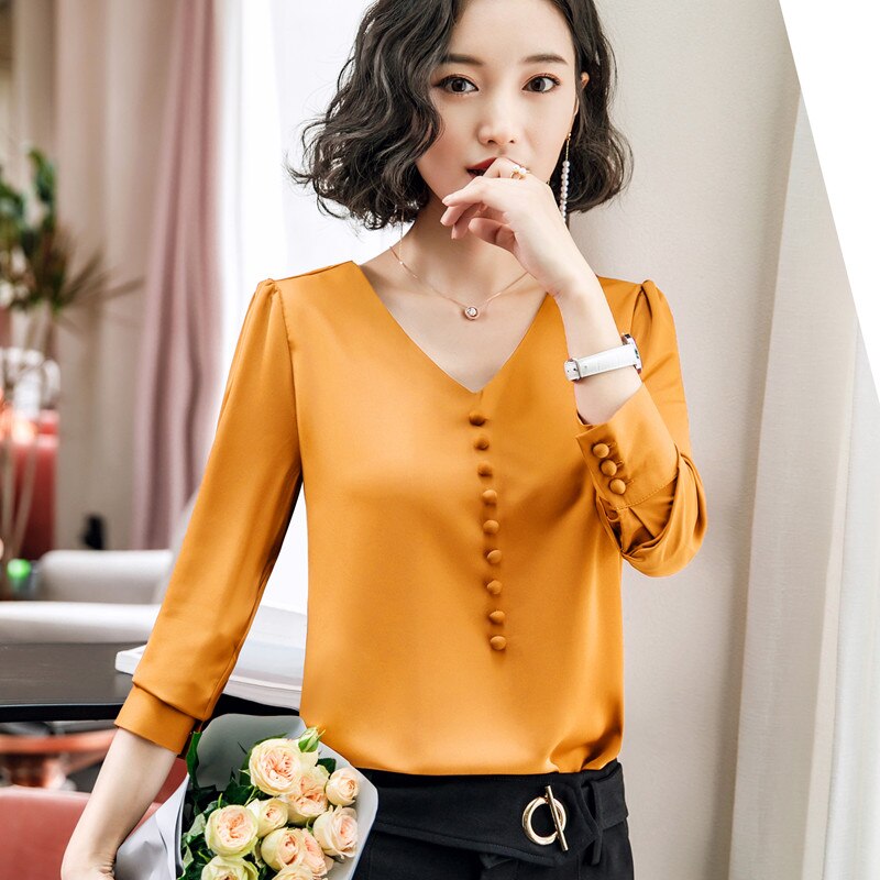 V Neck Shirt Women Spring Loose Long Sleeve Chiffo... – Grandado