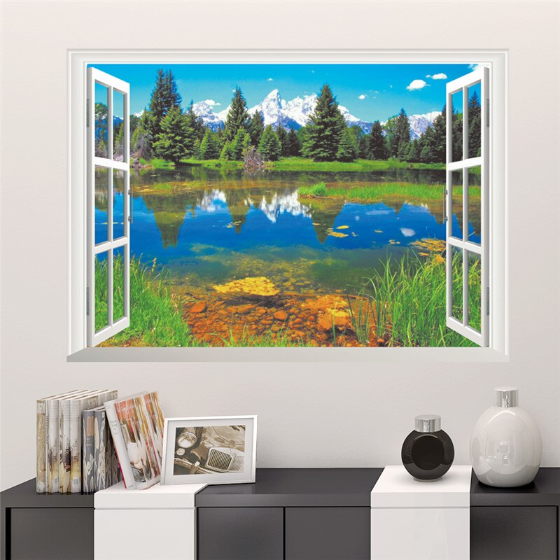 Snow Mountain Green Tree Lake Window Wall Stickers... – Vicedeal