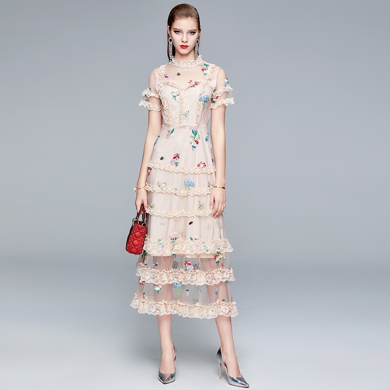 Midi Lace Patchwork Female Long Dress Floral Embro... – Vicedeal