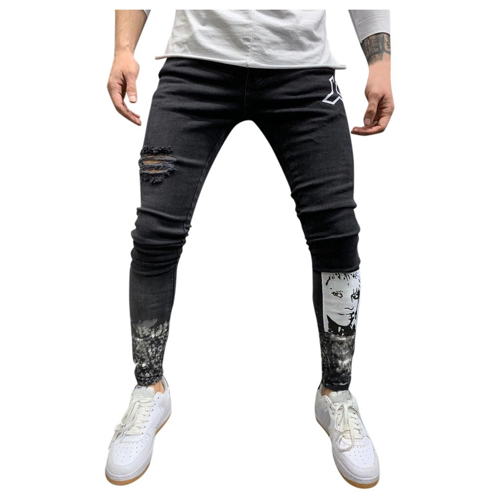 Men Jeans Face Printed Zipper Denim Wash Vintage H... – Grandado