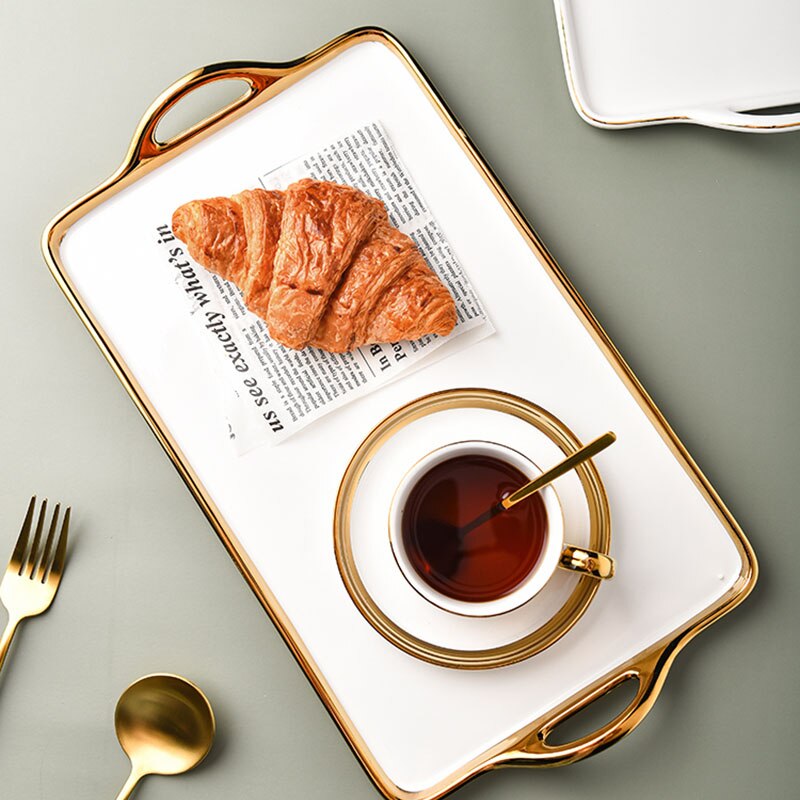 European-style Ceramic Tray White Gold Rim Rectang... – Grandado