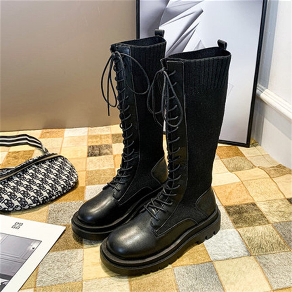Botas de malha feminina chunky plataforma couro pl... – Vicedeal