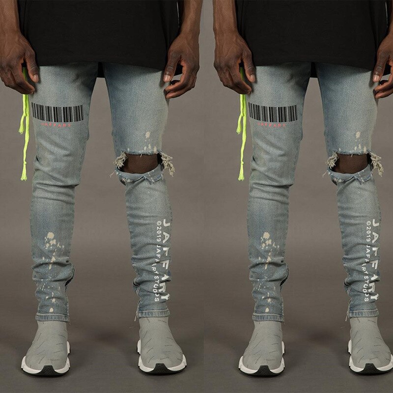 Bar Code Print Ripped Holes Jeans For Men Hip Hop ... – Grandado