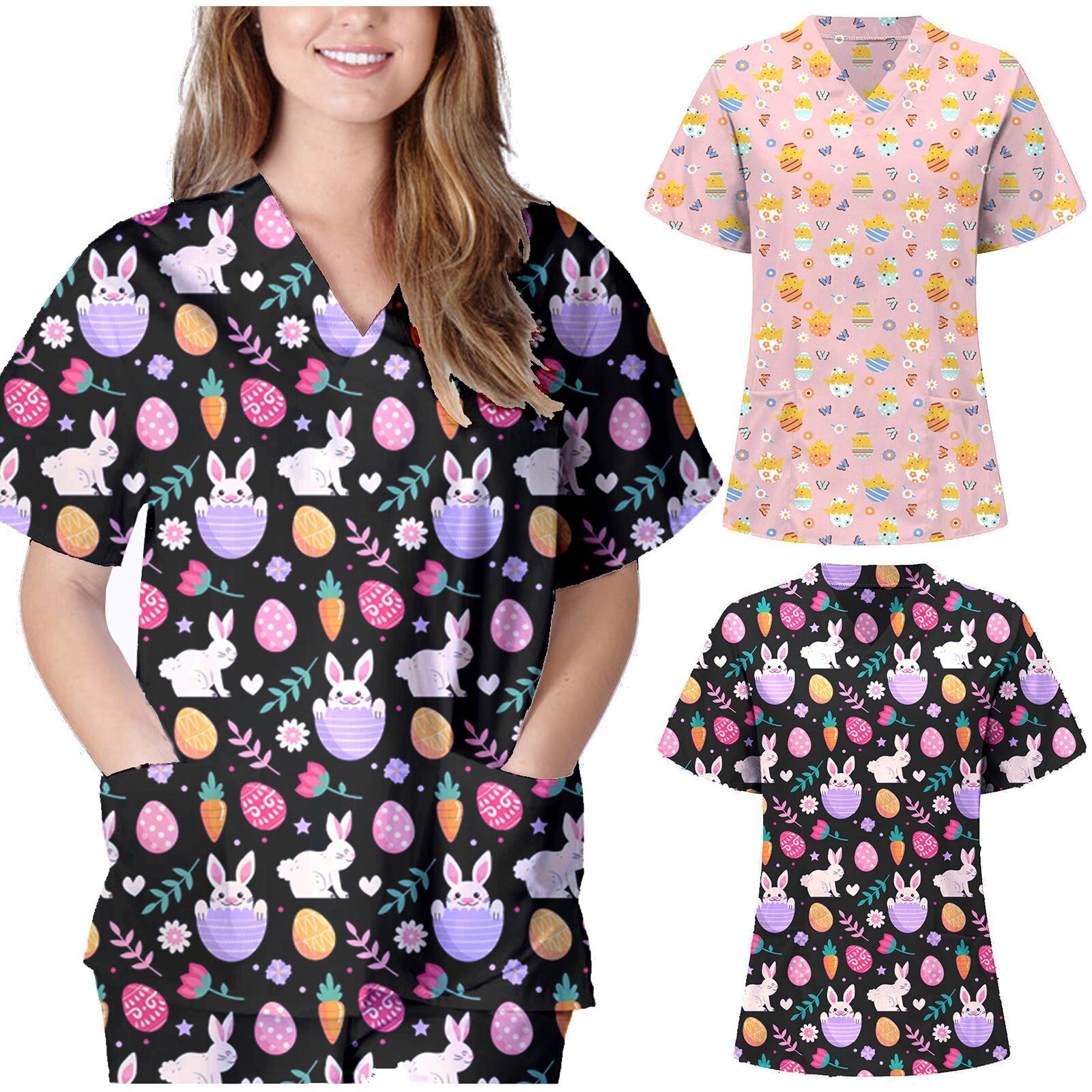 Easter Day Scrubs Tops For Women Short Sleeve V-ne... – Grandado