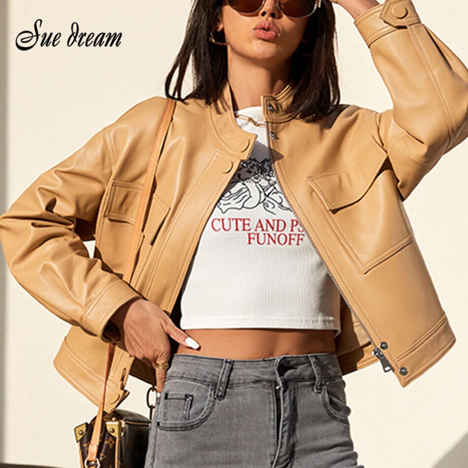 Solid Color Leather Jacket Women Pu Leather Jacket... – Grandado